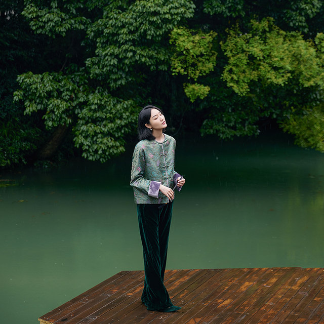 Fei Tang Guofeng Silk Song Brocade Open-front Round Neck Short Top ...