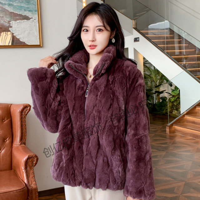 2024 New Fur Jacket Real Rex Rabbit Fur One-piece Casual Stand-up ...