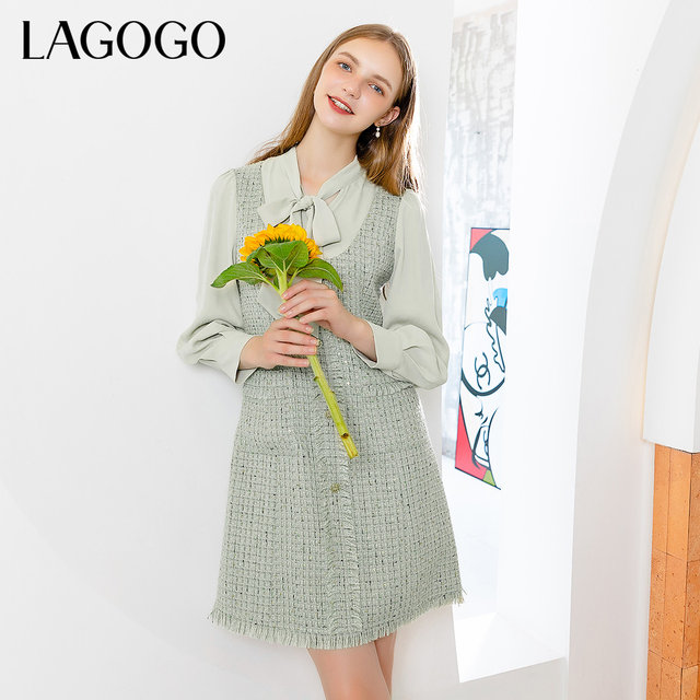 Lagogo Lagogu autumn new V-neck bow splicing temperament small fragrant ...