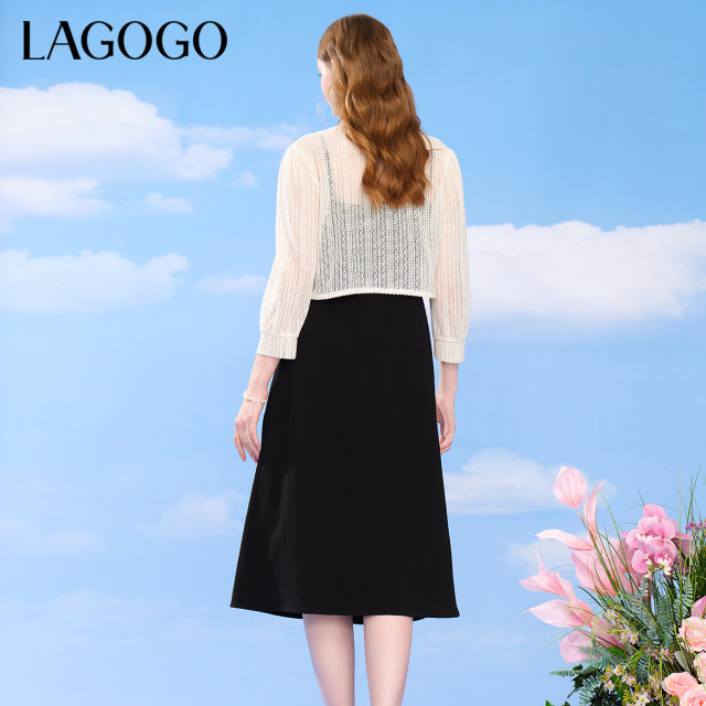 Lagogo Lagugu hollow knitted cardigan chiffon suspender skirt 2024 ...