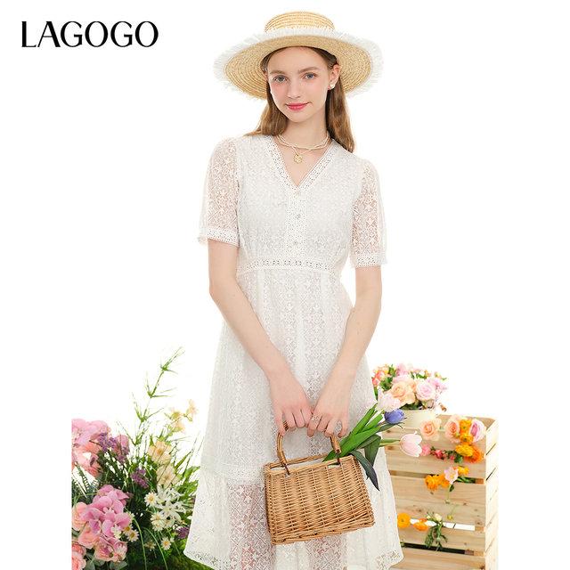 Lagogo Lagugu temperament white V-neck lace dress women's 2024 summer ...