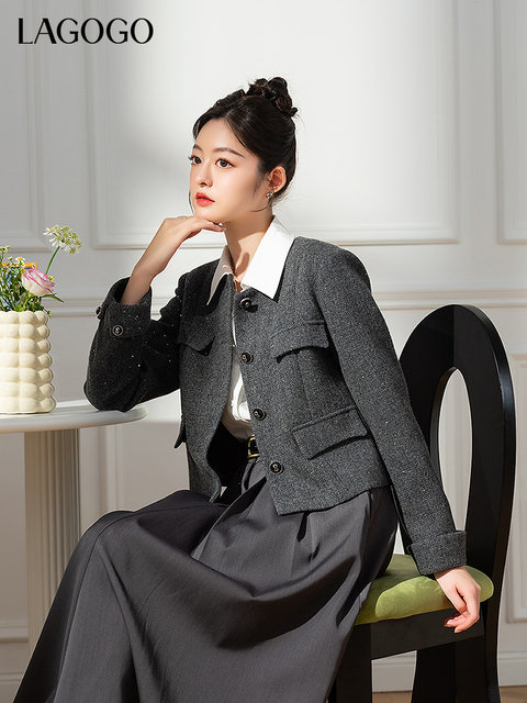 LAGOGO wool-containing temperament small fragrance jacket for women ...