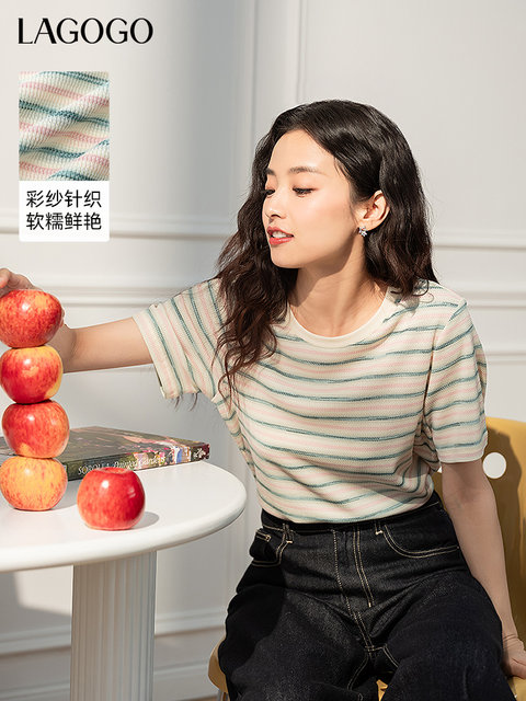 LAGOGO Nautical Series Rainbow Stripe Knitted T-shirt for Women Lagu Valley Spring 2025 New ...