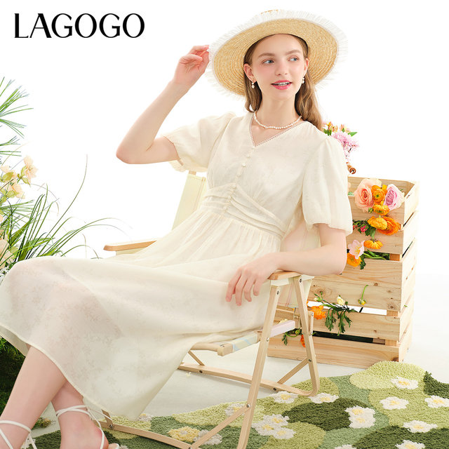 Lagogo Lagugu gentle style white embroidered dress women's 2024 summer ...