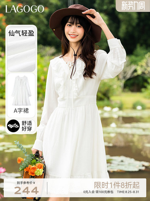 LAGOGO bohemian ruffled dress for women Lagugu Spring and Autumn Long Sleeve Waist White Pure ...