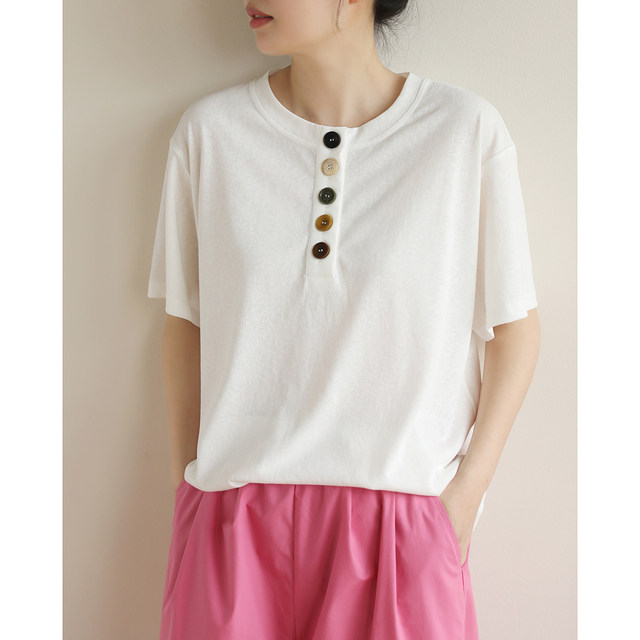 Naturally produced pullover basic versatile top white bamboo cotton round neck short-sleeved T ...