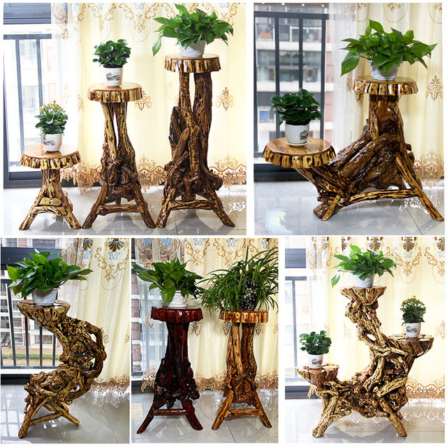 Root-carved multi-layer solid wood flower stand indoor natural tree ...