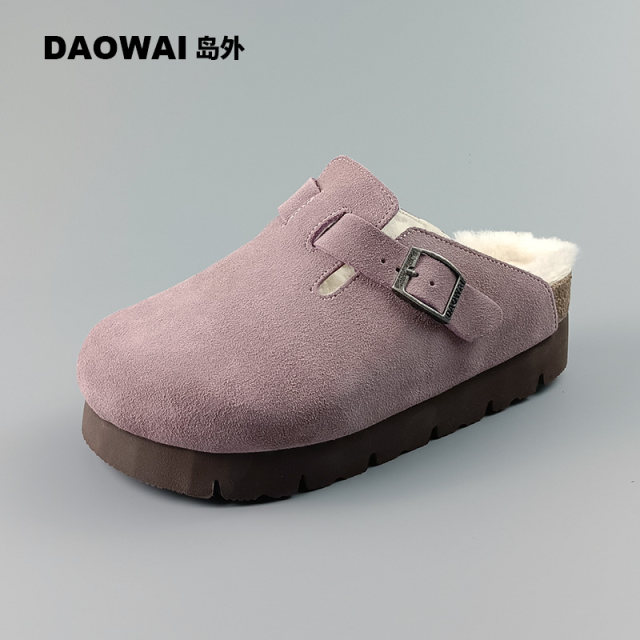 DAOWAI Birkenstock shoes from outside the island, half-toe thick-soled 4cm plus velvet wool cork ...