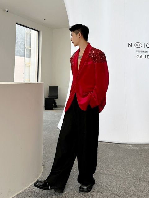 High-end design sequin splicing street blazer men's trendy handsome ...