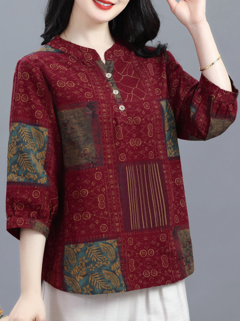 Mom spring and summer cotton and linen retro shirt 2025 new style ...