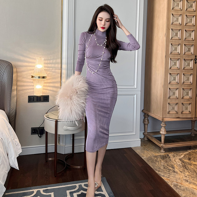 Black knitted turtleneck dress for women, fitted inner skirt, elegant ...