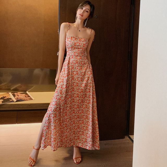 Middle -length chiffon dress summer new 2024 French retro orange faint ...