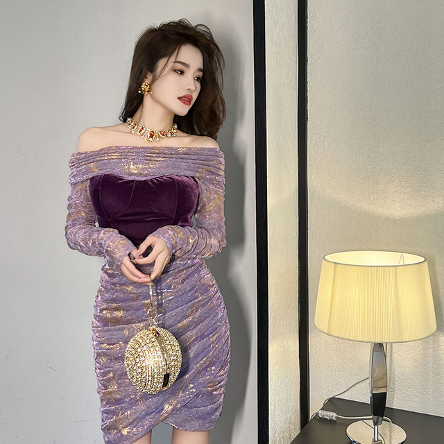 High-end celebrity one-shoulder tube top purple dress with unique ...
