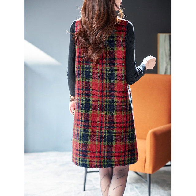 Poishi V -neck grid grast -wrapped skirt 2024 Autumn temperament new ...