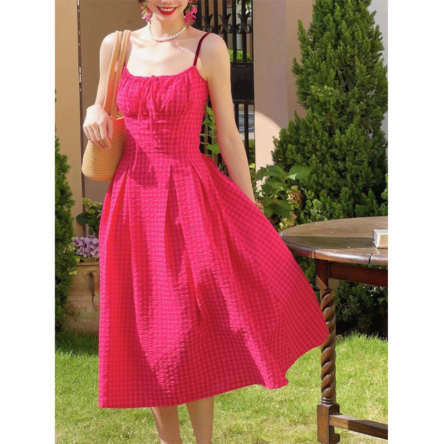 Haze Hezhi Hong Kong Style Red Plaid Sling Dress Female Summer Temperament