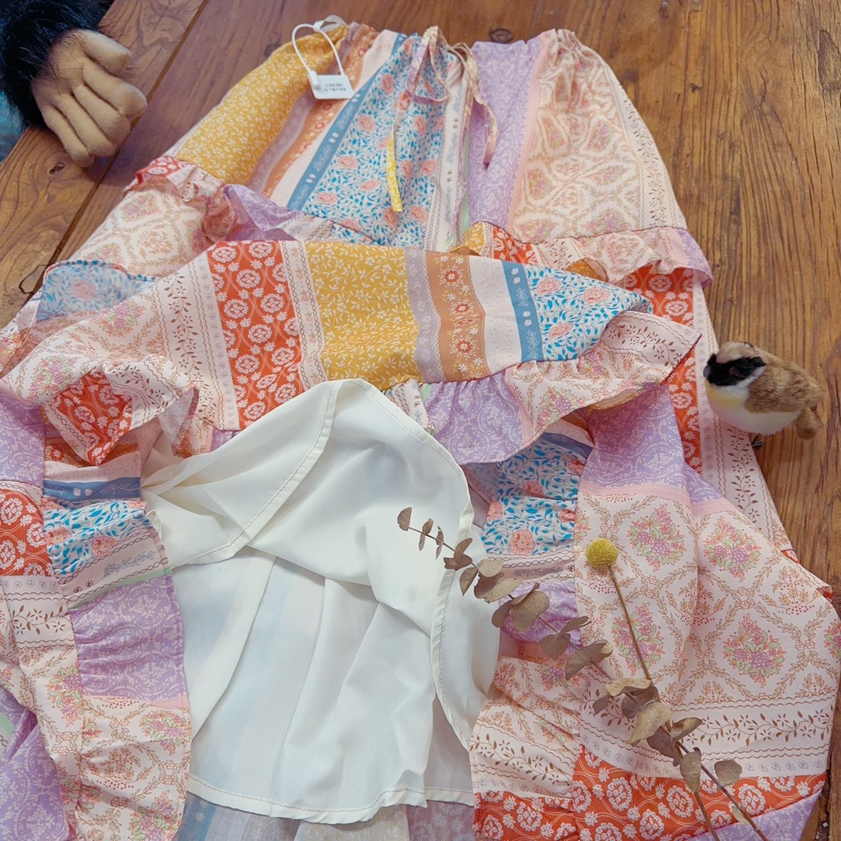 ROM2 waist drawing rope can adjust the Sen female pastoral style patchwork printing sweet lotus ...