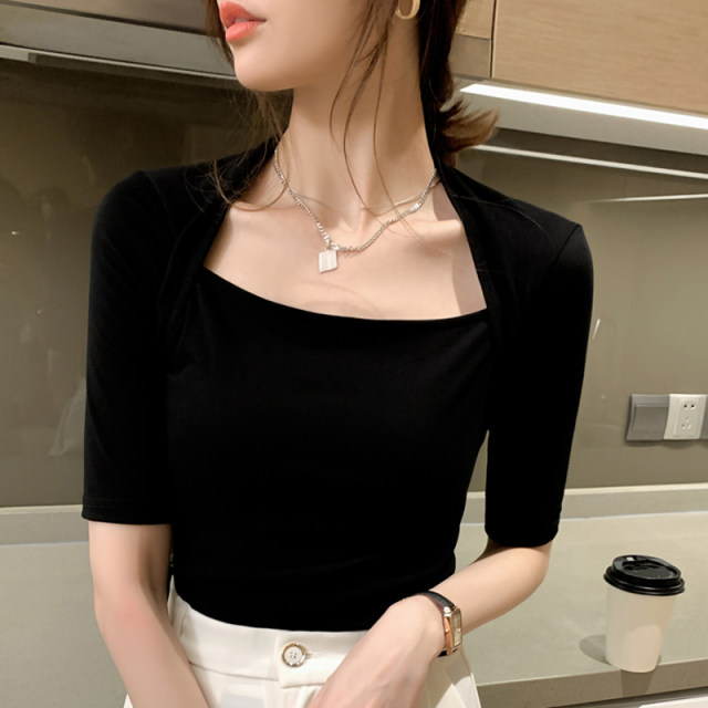 Hong Kong style retro square collar top for women black collarbone ...