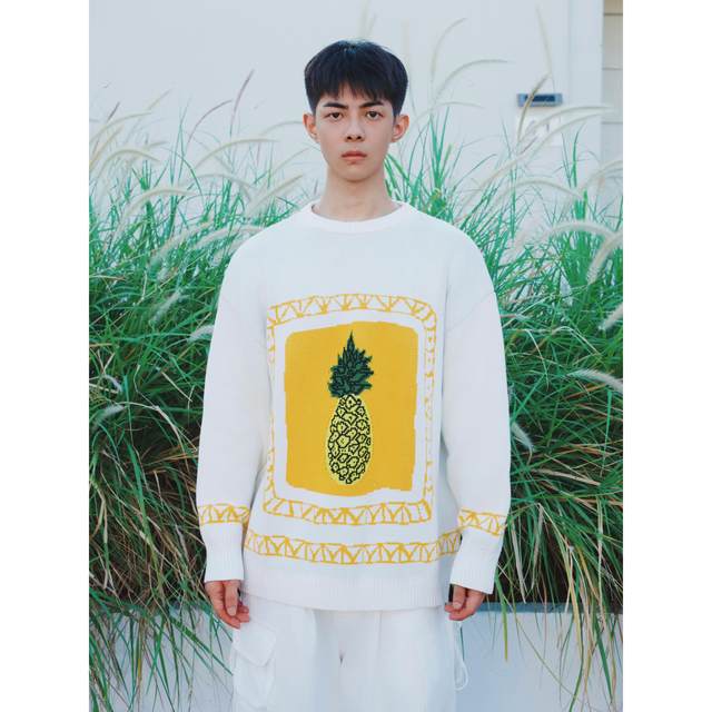 YOWSAH retro pineapple jacquard imported wool blended round neck ...
