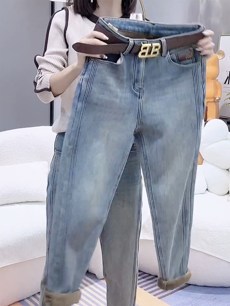 2025 spring new large size women's high -waisted Haron jeans female retro versatile shelter ...