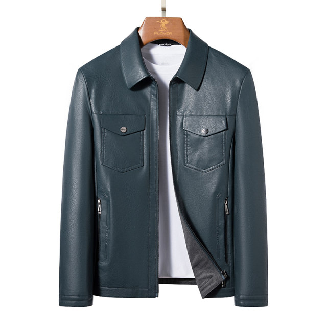 Leather jacket men's genuine leather jacket lapel solid color casual ...
