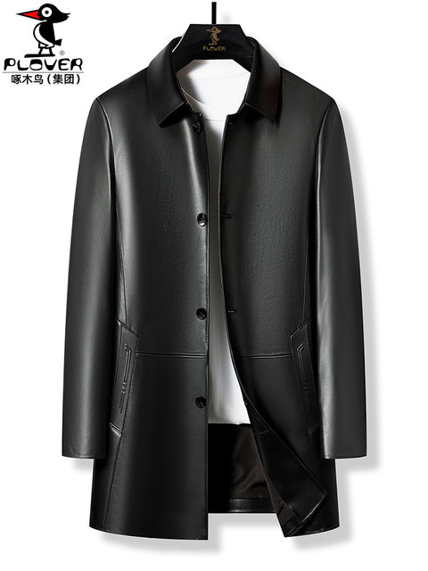 Top-layer leather jacket for men's jacket for mid-length black lapel ...