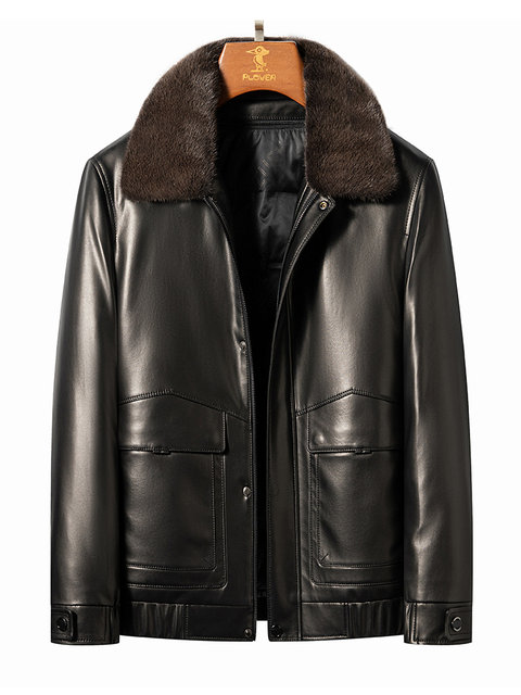 Leather jacket men's genuine leather mink fur collar thickened down ...