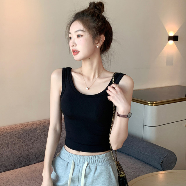 Pure cotton black U -collar back small suspender vest female summer suits with sleeveless bottom ...