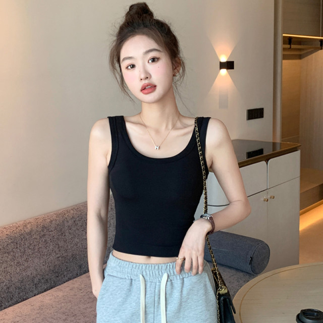 Pure cotton black U -collar back small suspender vest female summer suits with sleeveless bottom ...