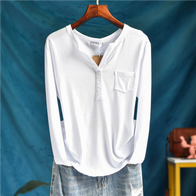 Pure cotton loose pocket V-neck half-open button casual versatile long ...