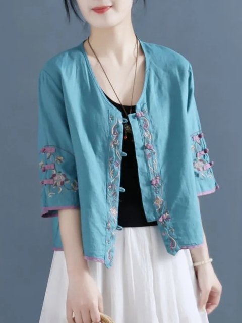 Ethnic style embroidered cotton and linen shirt for women in summer new ...