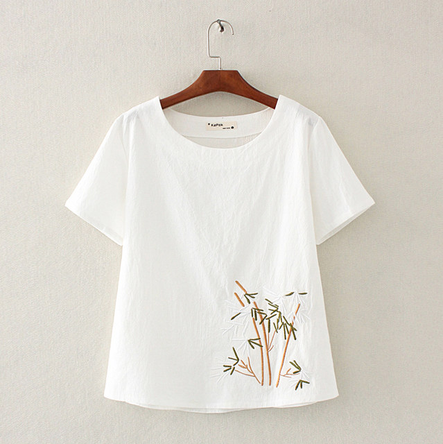 Bamboo embroidery cotton and linen short-sleeved T-shirt simple ...