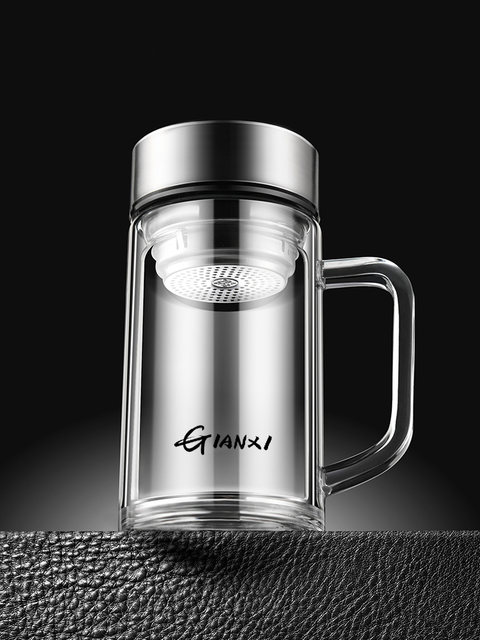 Double -layer glass men's handle office personal special tea cup with ...
