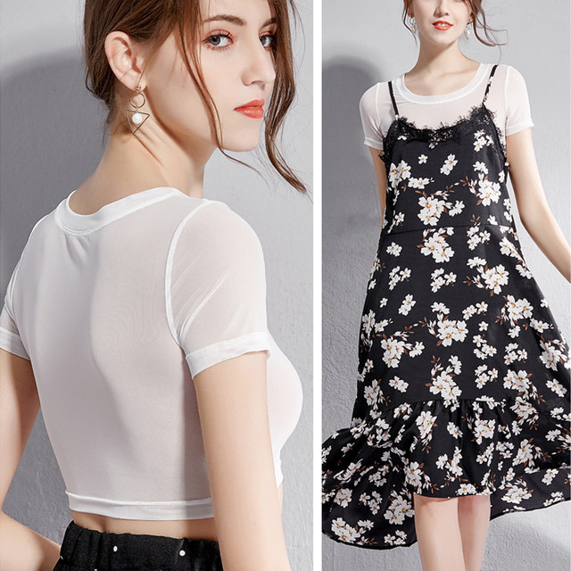 Half mesh bottoming shirt lace short-sleeved black half-length short ...