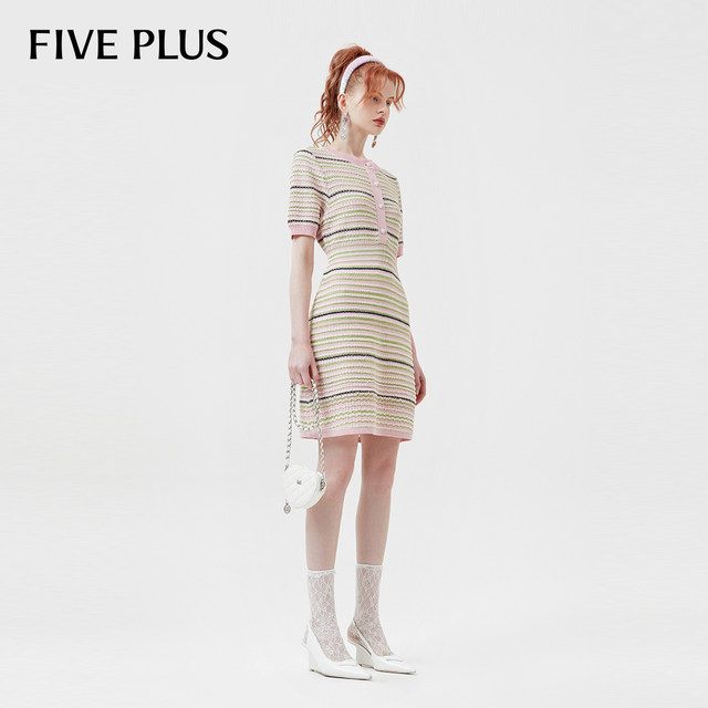FIVEPLUS dress women's striped waist short-sleeved temperament knitted skirt breasted 2024 new ...