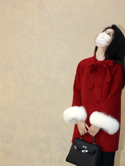 Silk wool fox fur sleeve French cloak woolen coat women's hand sewn ...