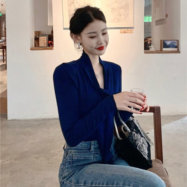 Flower passerby Korean style solid color V-neck lace-up gold secretary ...