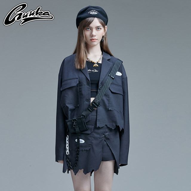 Guuka tide brand black irregular suits outer jacket female Lu Ting's ...