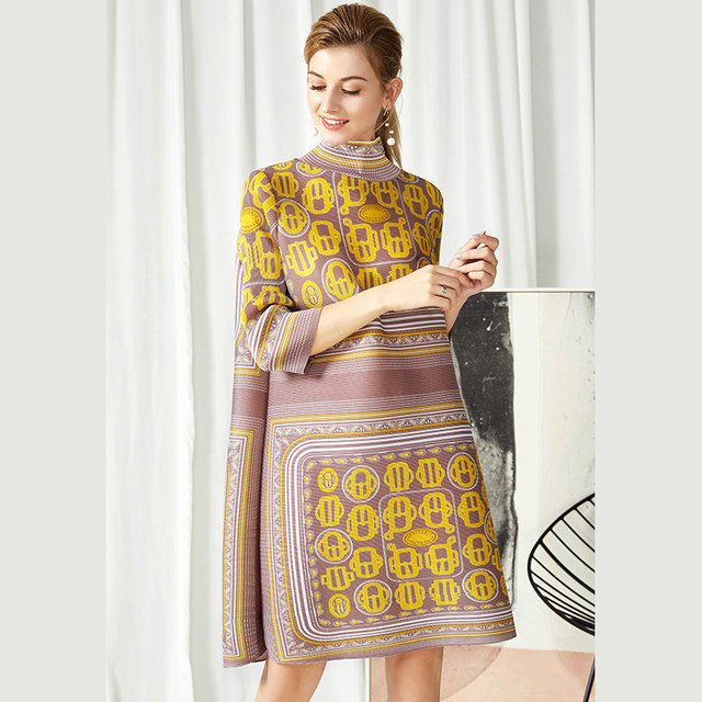 High-neck printed new Chinese women's mid-length dress loose and hidden ...