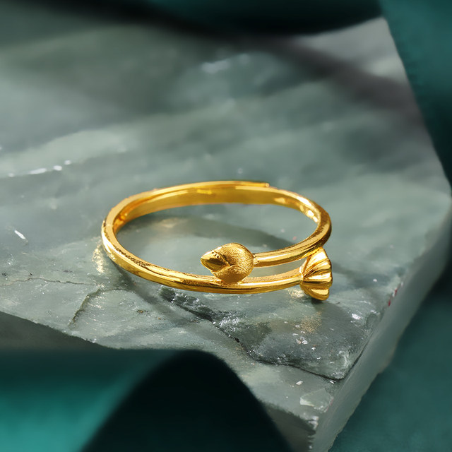 Laomiao gold pure gold 999 two worlds happy lotus lotus ring 5G and ...