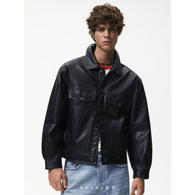 Cabinet 599! New men's lapel loose imitation leather jacket European ...