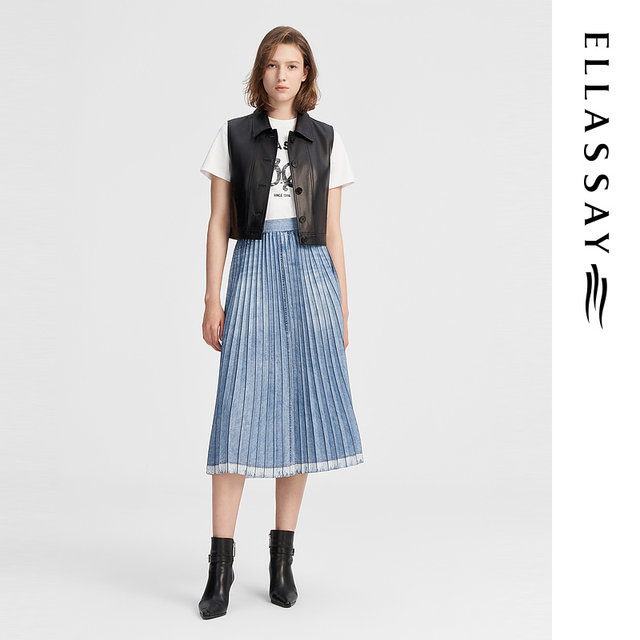 ELLASSAY autumn new retro denim print design pleated skirt for women ...