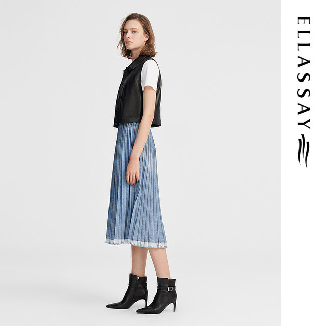 ELLASSAY autumn new retro denim print design pleated skirt for women ...