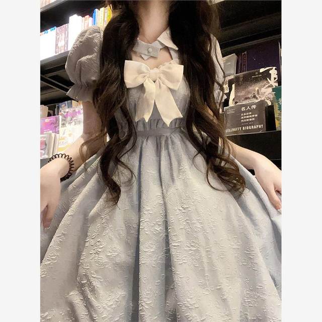 French gentle style blue puff sleeve dress for women summer vintage ...