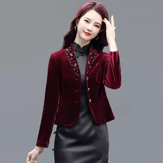 Gold Velvet Jacket Paired with a Cheongsam Dress for Women, Spring and ...