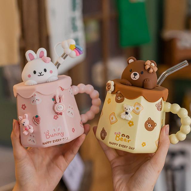 Cute Ceramic Mark Cup girl high face value with lid with a straw water ...