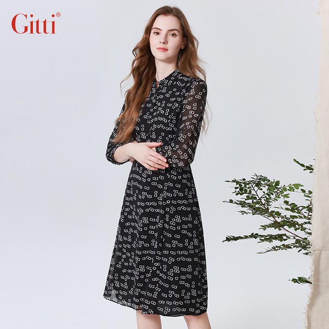 Gitti/Gitti autumn printed POLO collar three-quarter sleeve slim waist dress mid-length skirt ...