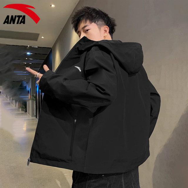 ANTA jacket men's casual youth black windproof all-match casual hooded ...