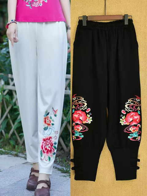 Ethnic style women's trousers summer large size embroidered flower ...