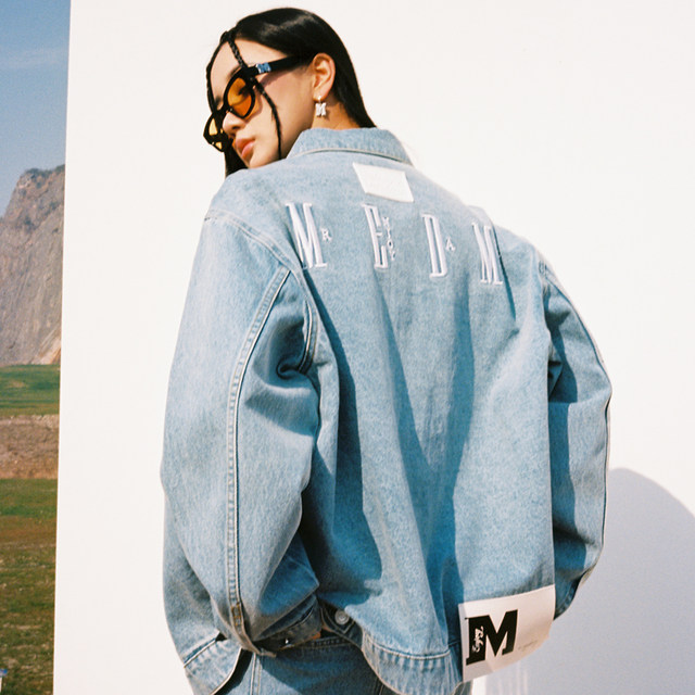 MEDM national tide embroidered denim jacket men and women short section tide brand spring and ...