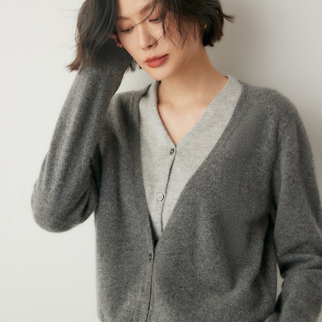 Ordos fake two pieces of cashmere cardigan women's French retro V -neck ...